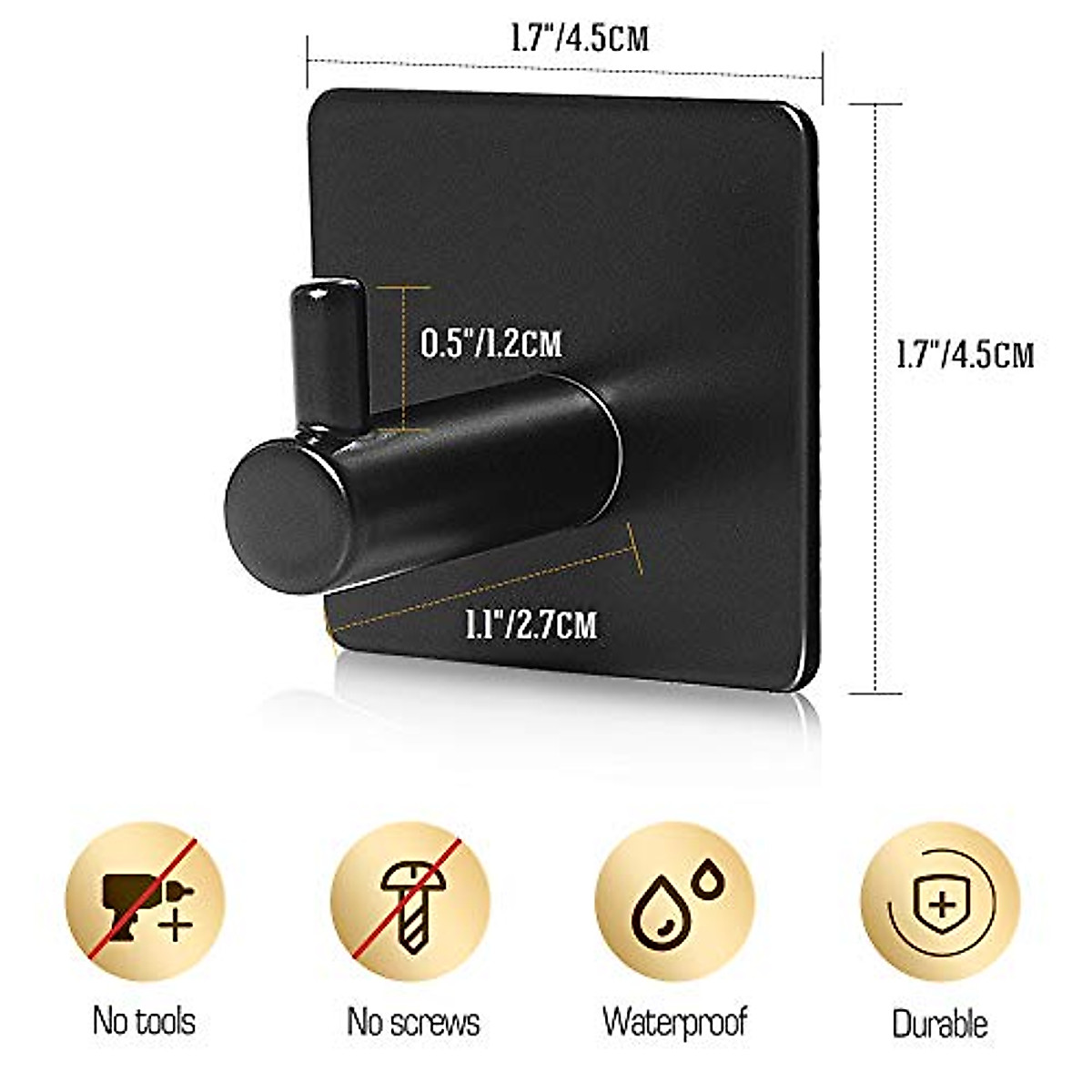 Adhesive Hooks, YAKAON [4 Pack] Heavy Duty Durable 304 Stainless Steel Wall Hangers, Waterproof Rustproof Oil Proof for Kitchen, Bathrooms, Doors, Office, Closet-Black