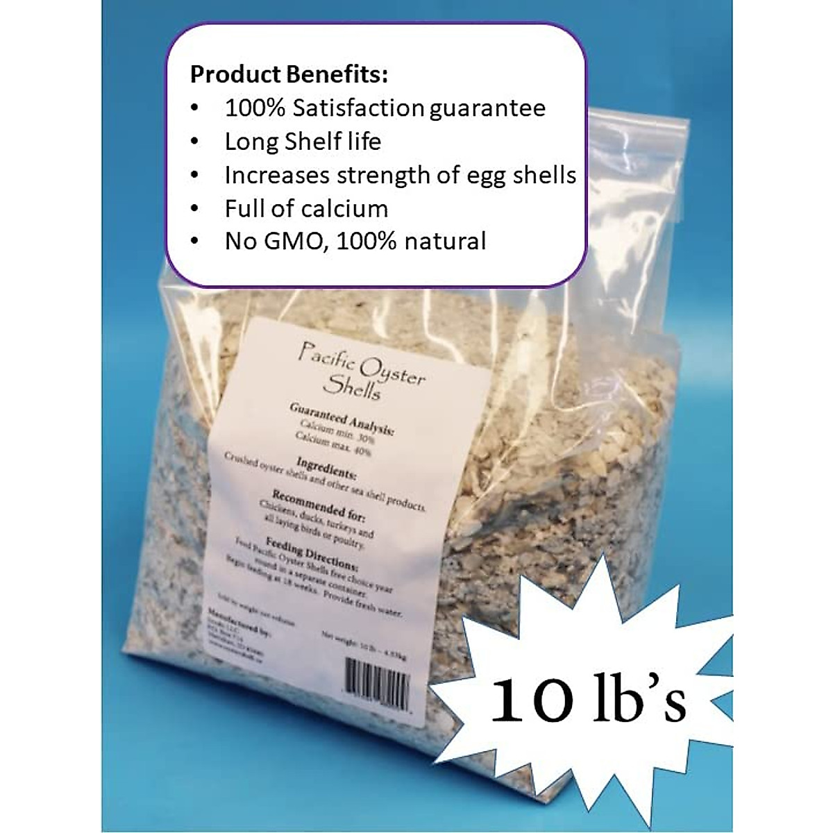 Pacific Oyster Shells - Crushed Oyster Shell Calcium Supplement for Egg-Laying Poultry (Chickens & Ducks) (10)