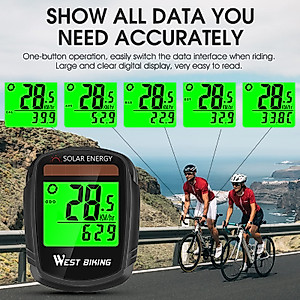 Bike Computer with Solar Energy Bicycle Speedometer and Odometer Wireless Waterproof Cycling Computer LCD Backlight Automatic Wake-up & Multi-Functions