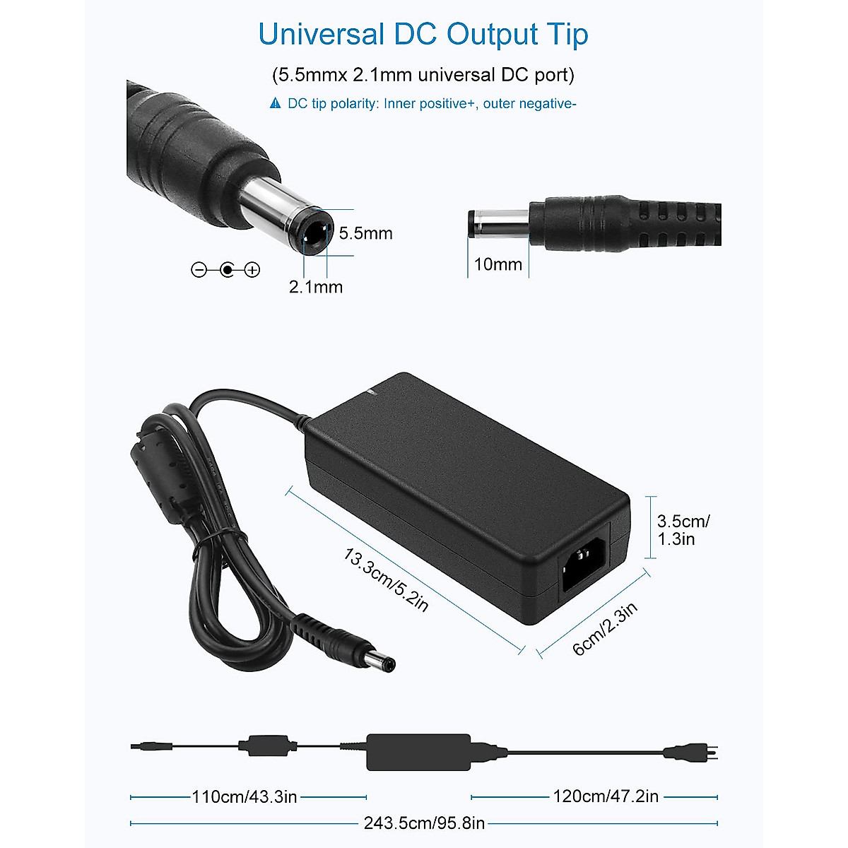 ALITOVE 24V Power Supply 4A 96W AC/DC Adapter 100-240V AC to DC 24 Volt Converter 4amp 3.75A 3.5A 3.3A 3.2A Transformer 5.5x2.5mm for LED Strip CCTV Camera LCD Monitor Massage Chair