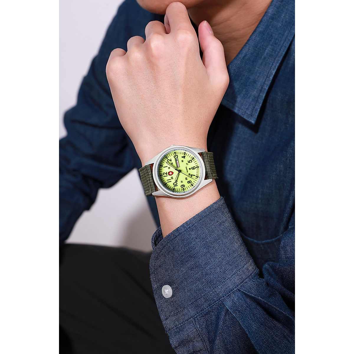 Gosasa Unisex Military Watches Sport Textile Nylon Strap Luminous Fashion Watch Analog Display Quartz Waterproof Casual Wristwatch (Green Luminous)