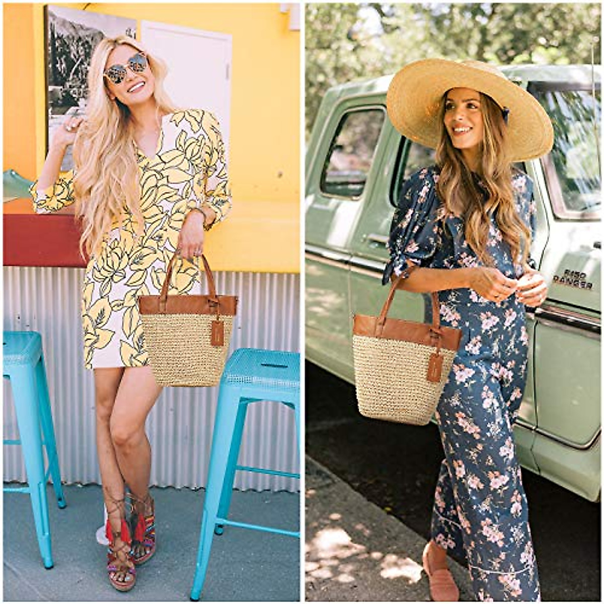 Straw Handbag for Women, JOSEKO Weaving Shoulder Bag Outdoor Casual Cross Body Bag Top Handle Satchel Off White 12.60''L x 7.87''W x 11.02''H