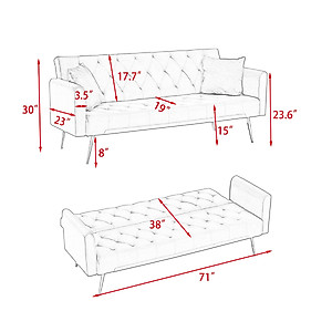 SumKea 71'' Modern Velvet Futon Sofa Bed, Loveseat Sofa, Convertible Folding Sleeper Couches with Adjustable Backrests and 2 Pillow, Lounge Sofa with Golden Chrome Legs, Pink