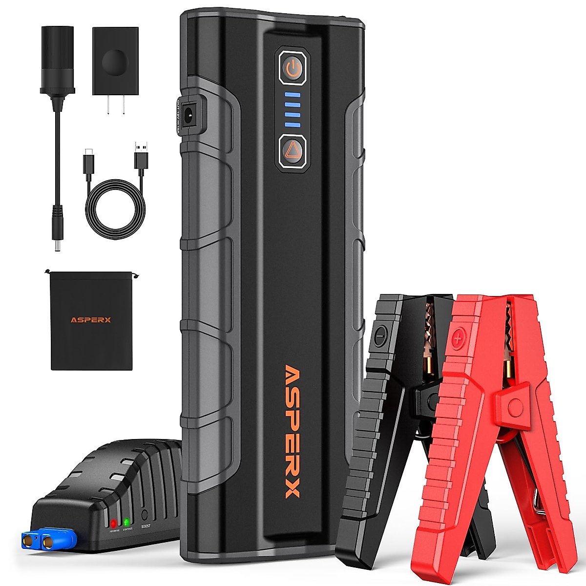 ASPERX AX2500 Car Jump Starter, 2500A Peak Battery Starter for 10L Gas or 7.3L Diesel Engines, 12V Auto Battery Booster, Lithium Jump Box with USB QC3.0, Jump Pack with Built-in LED Light