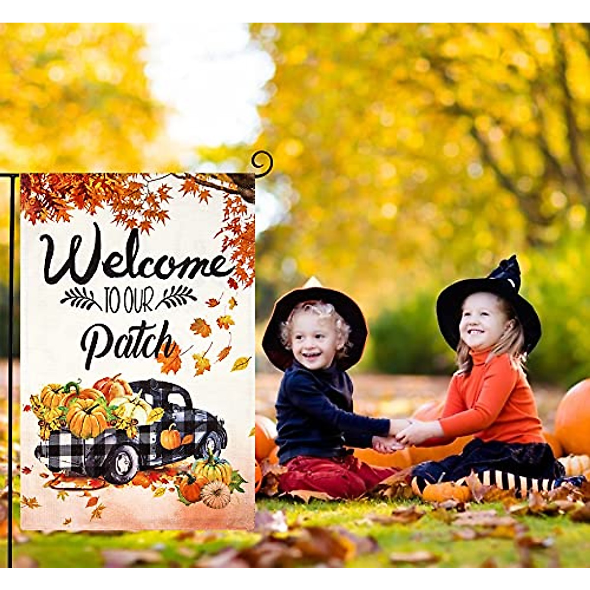 Unves Fall Garden Flag 12.5x18 Double Sided , Fall Porch Decor Burlap Pumpkin with Maple Leaves Welcome to Our Patch, Small Fall Yard Flag for Outside House Harvest Autumn Thanksgiving Decorations