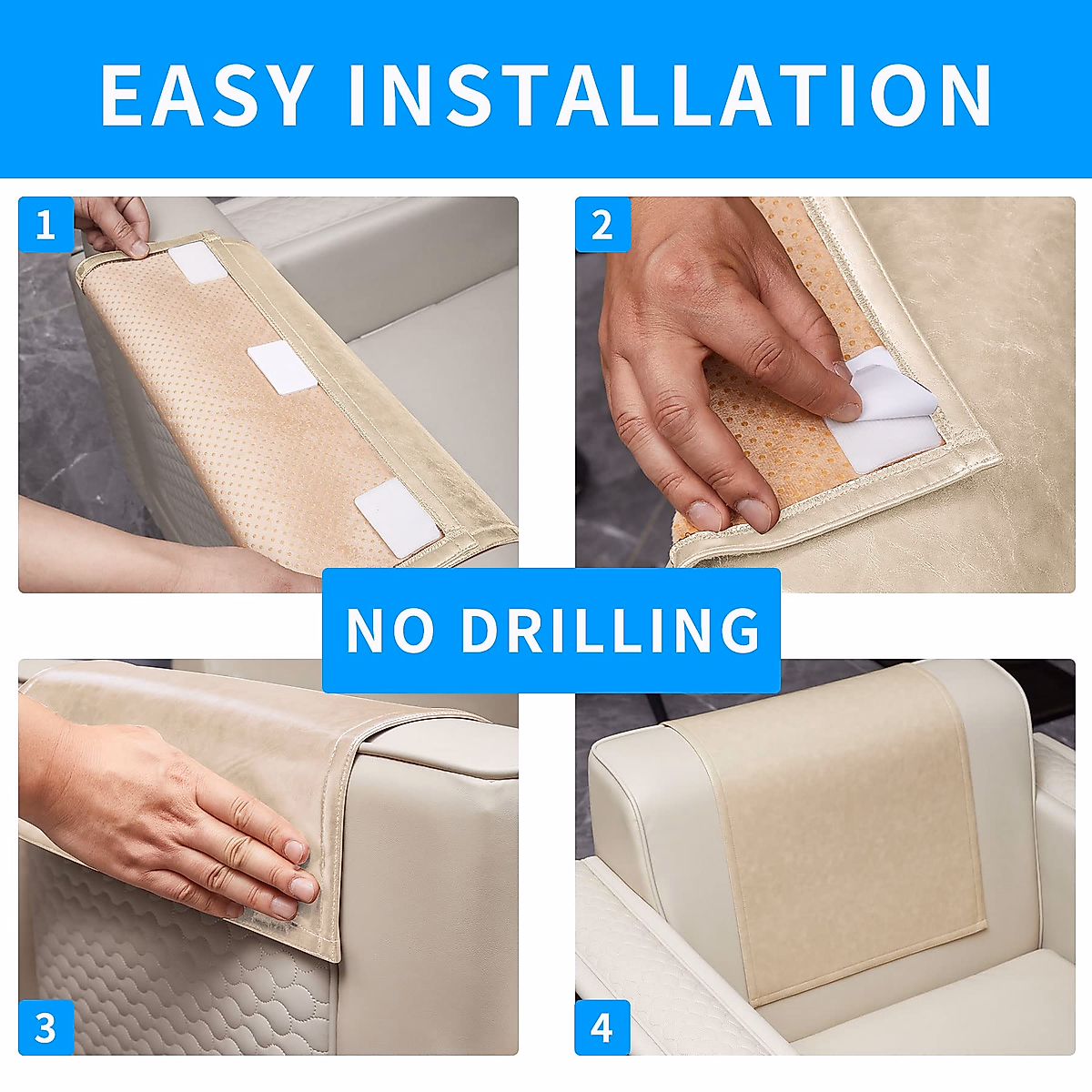 Hittun Non Slip Recliner Headrest Protector Washable Faux Leather Headrest Covers for Recliner Chair Waterproof Couch Headrest Covers for Sofa,Furniture,Office Chair,Theater Seat (Beige)