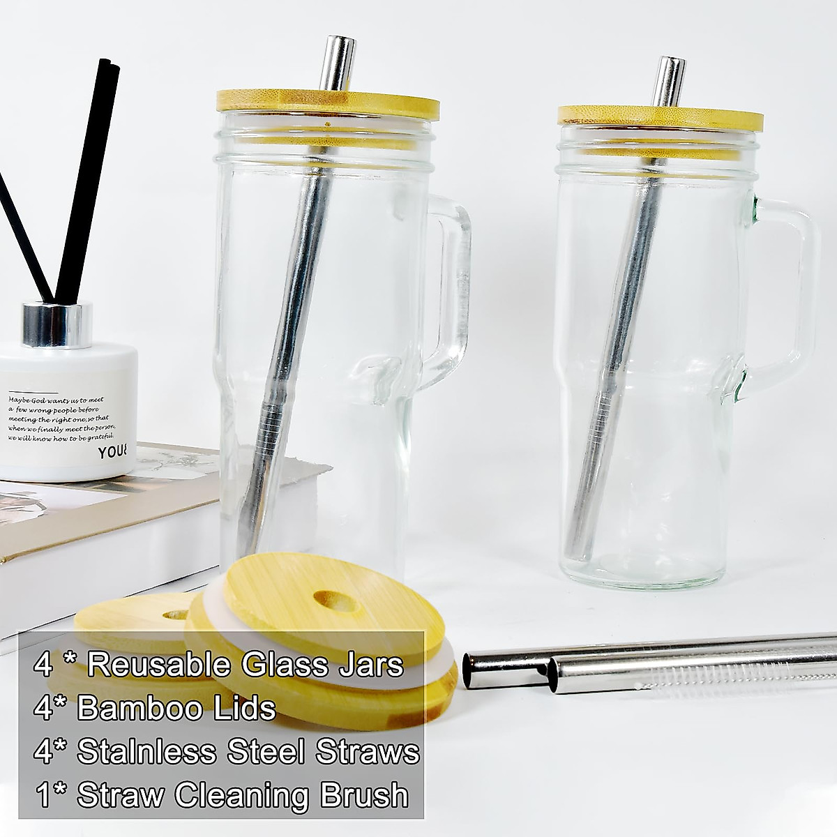 CHLJAR 4Pcs Glass Cups with Lids and Straws, 24oz Mason Jar Iced Coffee Cup Drinking Jars Glasses Tumbler with Handle Bamboo Lids Wide Mouth Travel Mug for Bubble Tea, Iced Coffee, Smoothie, Beer