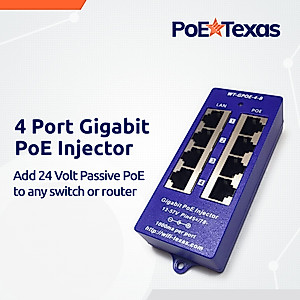 PoE Texas 4 Port 24V Passive PoE Injector with 24V 30W UL/FCC Certified Power Supply - Gigabit Injector - Passive Power Over Ethernet Multi Port PoE Adapter for Ubiquiti, Mikrotik, 24 Volt PoE Devices