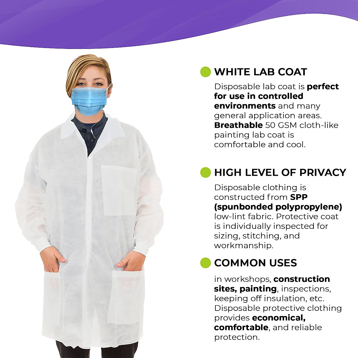 AMZ Disposable Lab Coats for Adults Medium, Spunbonded Polypropylene Medical Robes for Men and Women Pack of 10, Disposable Smocks 50 GSM, Lab Coats with Snaps, Folded Collar, Knit Wrists, 3 Pockets