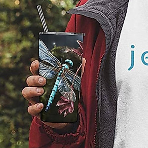 FHENMSA Stainless Steel Insulated Travel Coffee Mug,Blue Dragonfly Print Reusable Car Cup,Thermal Cup for Outdoor with Straw And Lid