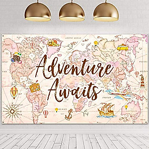 Travel Themed Party Decorations Supplies Adventure Awaits Bon Voyage Backdrop Adventure Map Backdrop for Graduation Birthday Party Baby Shower Photo Booth Pink, 70.8 x 43.3 Inch