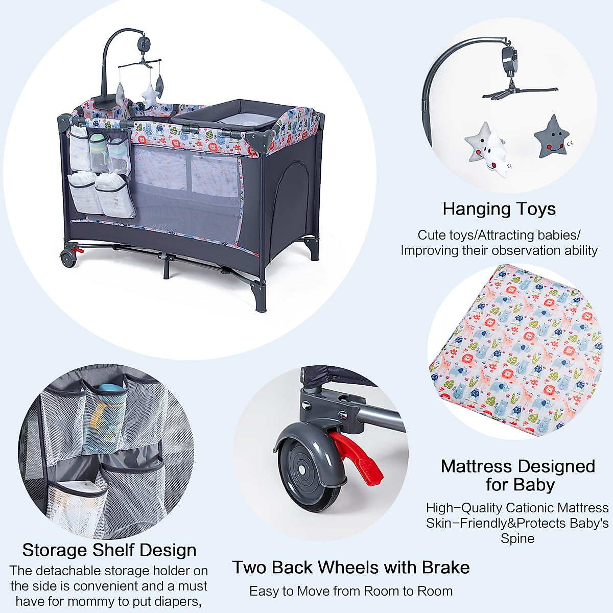 4-in-1 Pack and Play with Bassinet for Baby,Folding Crib,Travel Crib Diaper Changer with Mattress,Playard with Music Box,Multifunctional Baby Bed for Newborn,Infant,Toddler,Portable Baby Playpen