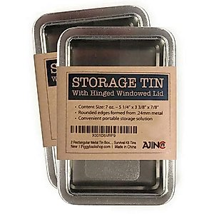 Rectangular Metal Storage Tin Box with Windowed Hinged Lid - Plain Silver Blank Storage Case, Survival Kit Tins 5.5" x 3.5" (2X)