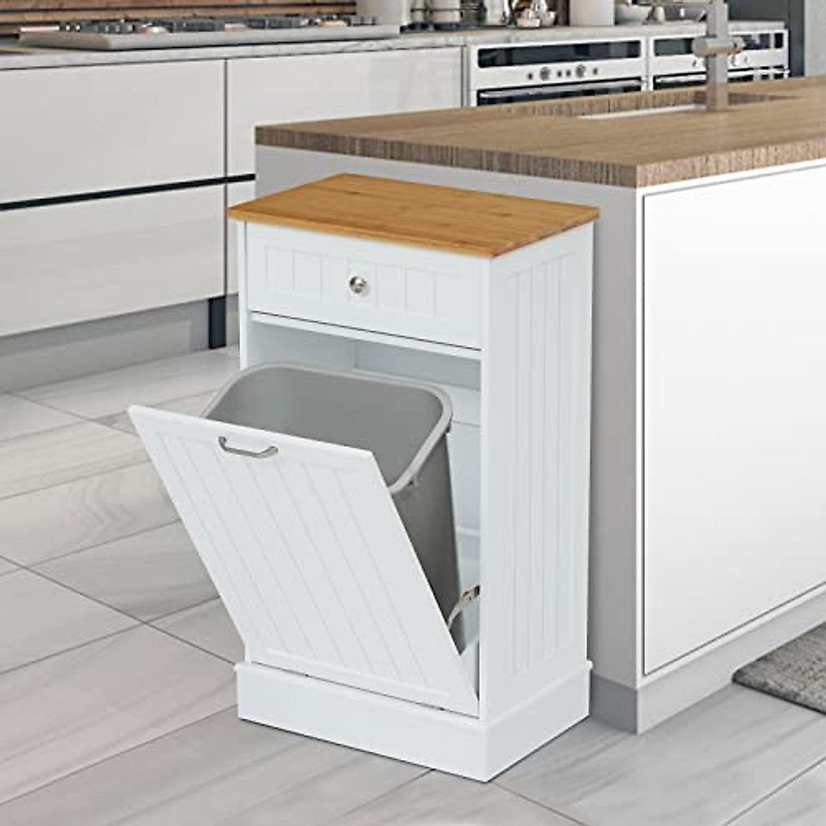Kinsuite Tilt Out Trash Bin - White Wooden Trash Cabinet, Free Standing Kitchen Trash Can, Holder & Recycling Cabinet with Hideaway Drawer, Removable Bamboo Cutting Board