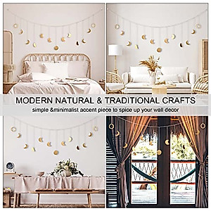 Moon Phase Wall Decor with LED String Light, 13 Gold Hammered Wood Boho Wall Hanging Decor Mood Garland 56'' - Celestial Phases Moon Decor in Bohemian Style for Bedroom Home Living Room Gift