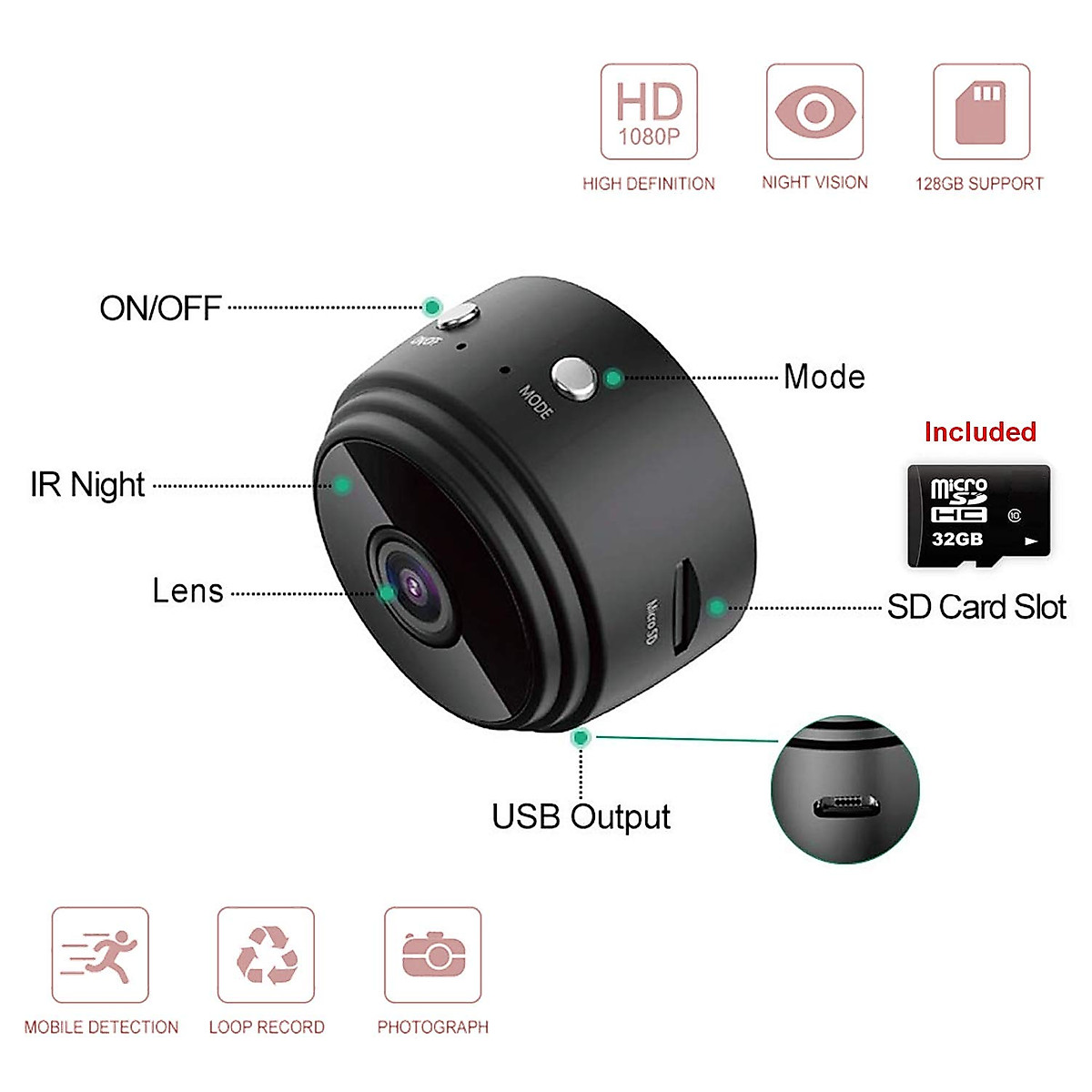 Mini Spy Camera Wireless Hidden Home WiFi Security Cameras with App 1080P, Bundle Night Vision Indoor Outdoor iPhone/Android Phone Small Nanny Cam for Cars etc
