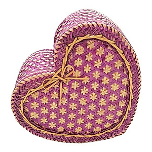 Bamboo Sticky Rice Serving Basket 6 x 5.2 Inch, Kratip, Intricately Woven Container, Heart-Shaped, Pikul Flower Weave Pattern, Thailand Handmade (Purple)