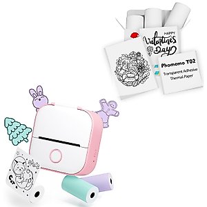 Memoqueen Mini Sticker Printer T02 Portable Thermal Printer, Instant Photo Printer Set & 3 Rolls Transparent Adhesive Thermal Paper