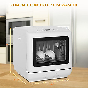 ROVSUN Portable Countertop Dishwasher, Mini Dishwasher with 5 Washing Programs, 5L Built-in Water Tank, 360° Spray Arms, Air-Dry Function & Fruit Cleaning for Apartments, Dorms and RVs (White)