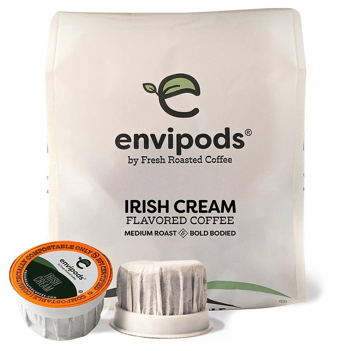 Fresh Roasted Coffee, Irish Cream Compostable envipods, Medium Roast, Kosher, 12 Count, for Keurig K Cup Brewers | Not for use in Ninja or Hamilton Beach Brewers