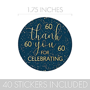 Navy Blue and Gold Birthday Favor Stickers - Gold Bday Thank You Labels, Envelope Seals, Candy Stickers - 1.75 in. - 40 ct - Adult Birthday Party Supplies (60th Birthday)