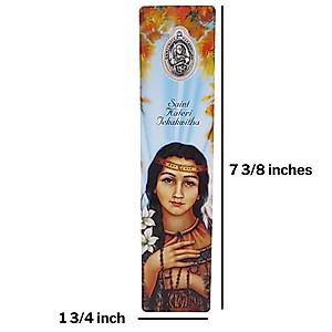 Religious Bookmark and Silver Tone Pendant Medal Catholic Keepsake Gift Set for Reading Lovers, Patron Saint of Ecology St Kateri Tekakwitha Bible Scripture Page Tracker and Prayer Card