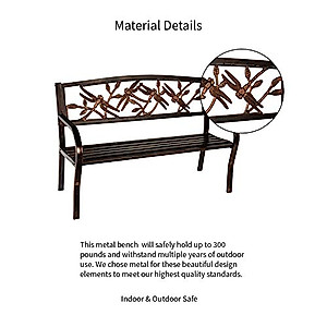 Evergreen Weatherproof Dragonfly Outdoor Bench | Holds Up to 300 lbs | Furniture for Lawn Garden Patio Porch Park Deck | Steel | Bronze