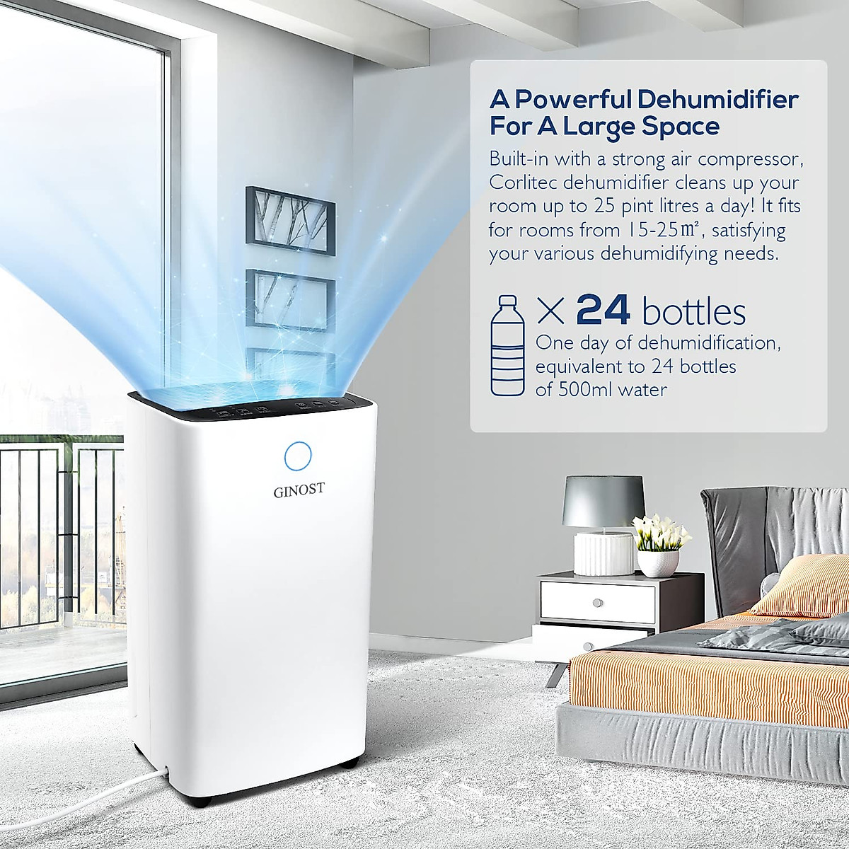 Dehumidifier for Home and Basements 25 Pints for 1500 Sq.Ft, 68oz(0.53gallon) Water Tank Capacity with Drain Hose, Intelligent Humidity Control, Childlock, Laundry Dry