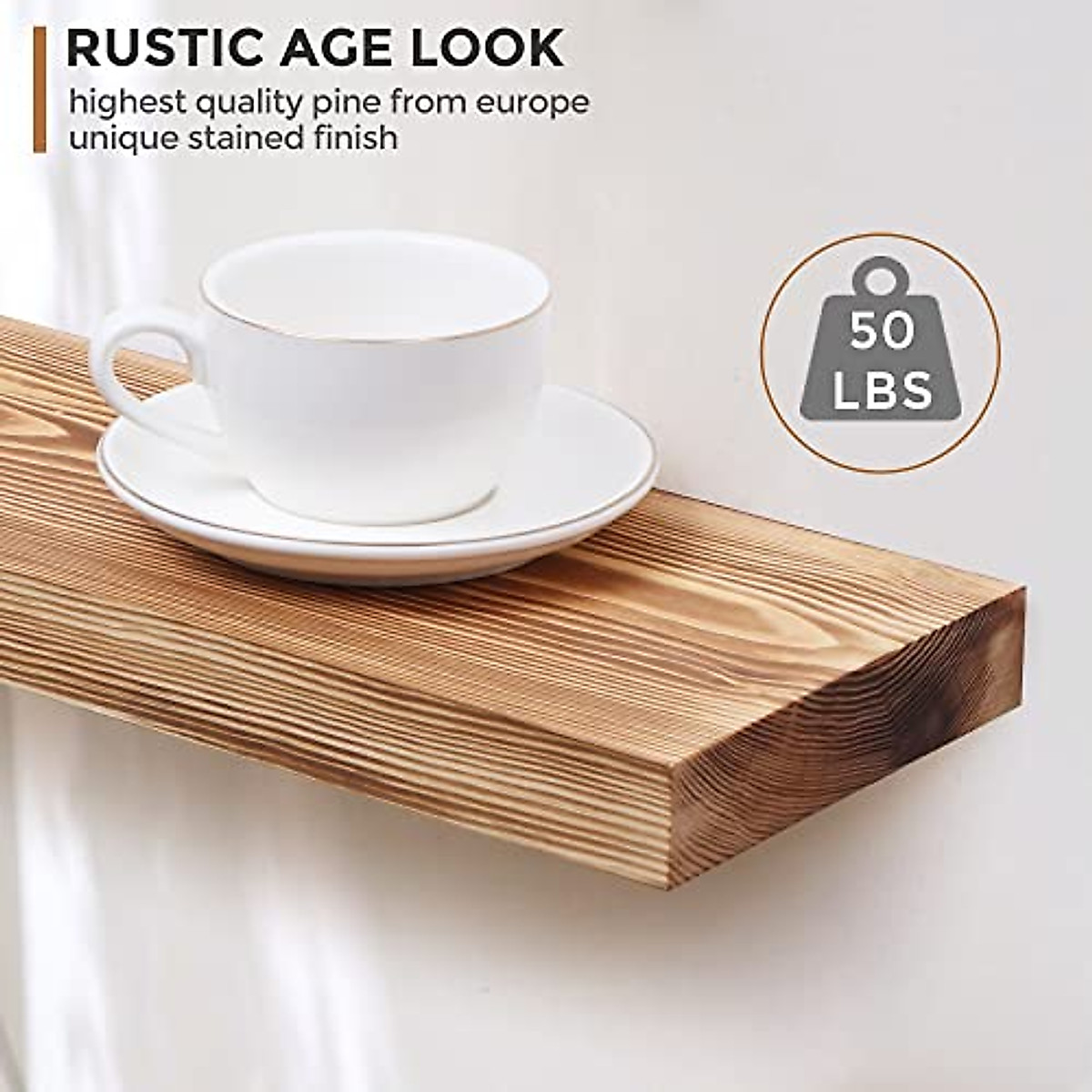 Floating Shelves - Natural Rustic Wooden Wall Shelf Set of 2- Handcrafted European Pine Storage Shelf Display Shelf for Kitchen Bathroom Living Room Bedroom Farmhouse - Light Walnut - 36 Inch