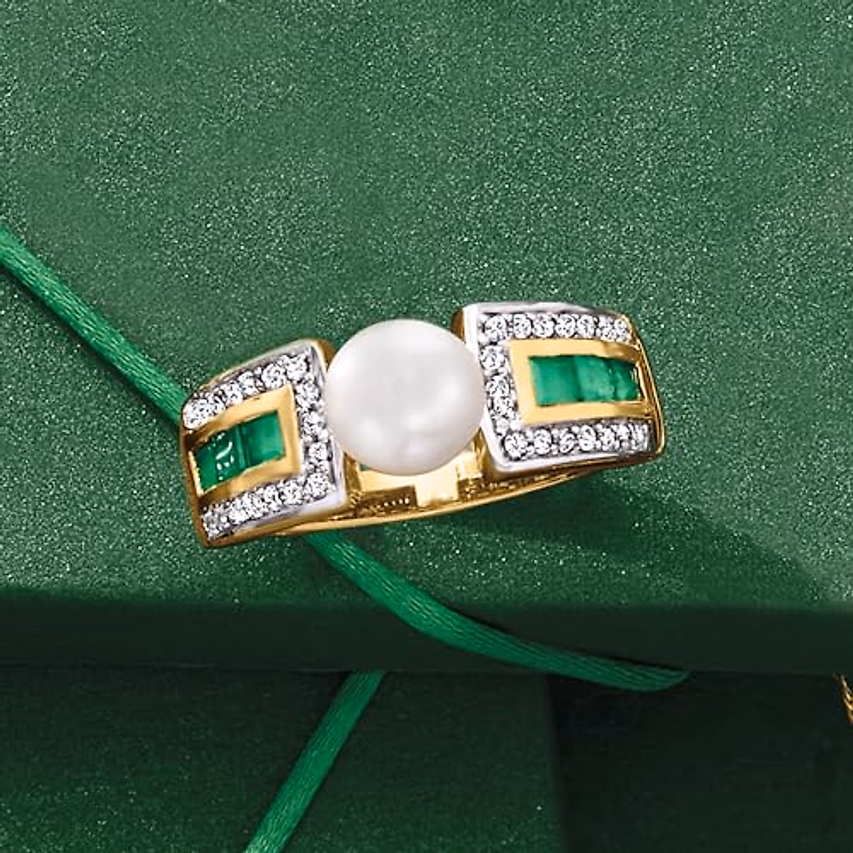 Ross-Simons 6.5-7mm Cultured Button Pearl, 40 ct. t.w. Emerald and .20 ct. t.w. White Topaz Ring in 18kt Gold Over Sterling. Size 6