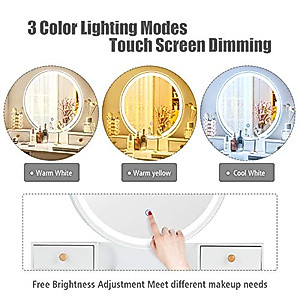 CHARMAID Vanity Set with Lighted Mirror, 3 Color-Touch Screen Dimming Mirror, Adjustable Brightness, Bedroom Vanity Makeup Dressing Table with 4 Drawers and Cushioned Stool for Girls Women