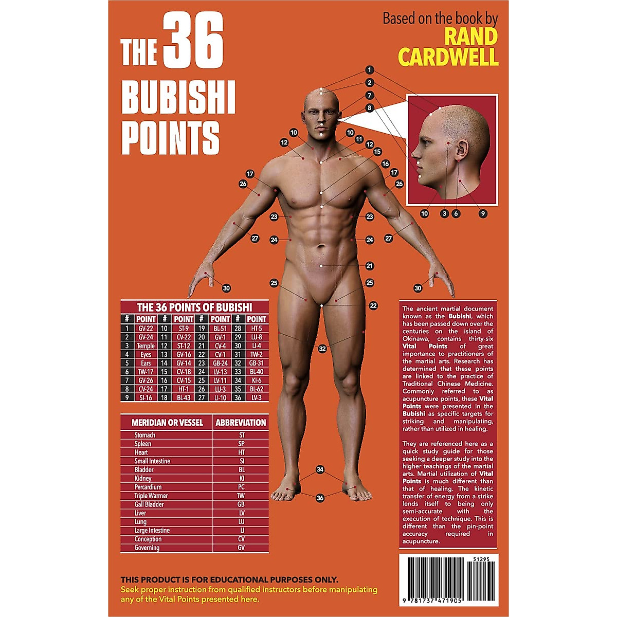 The 36 Bubishi Points, Pressure Points, Vital Points, Martial Arts, 8.5X11 folded or 11x17 unfolded