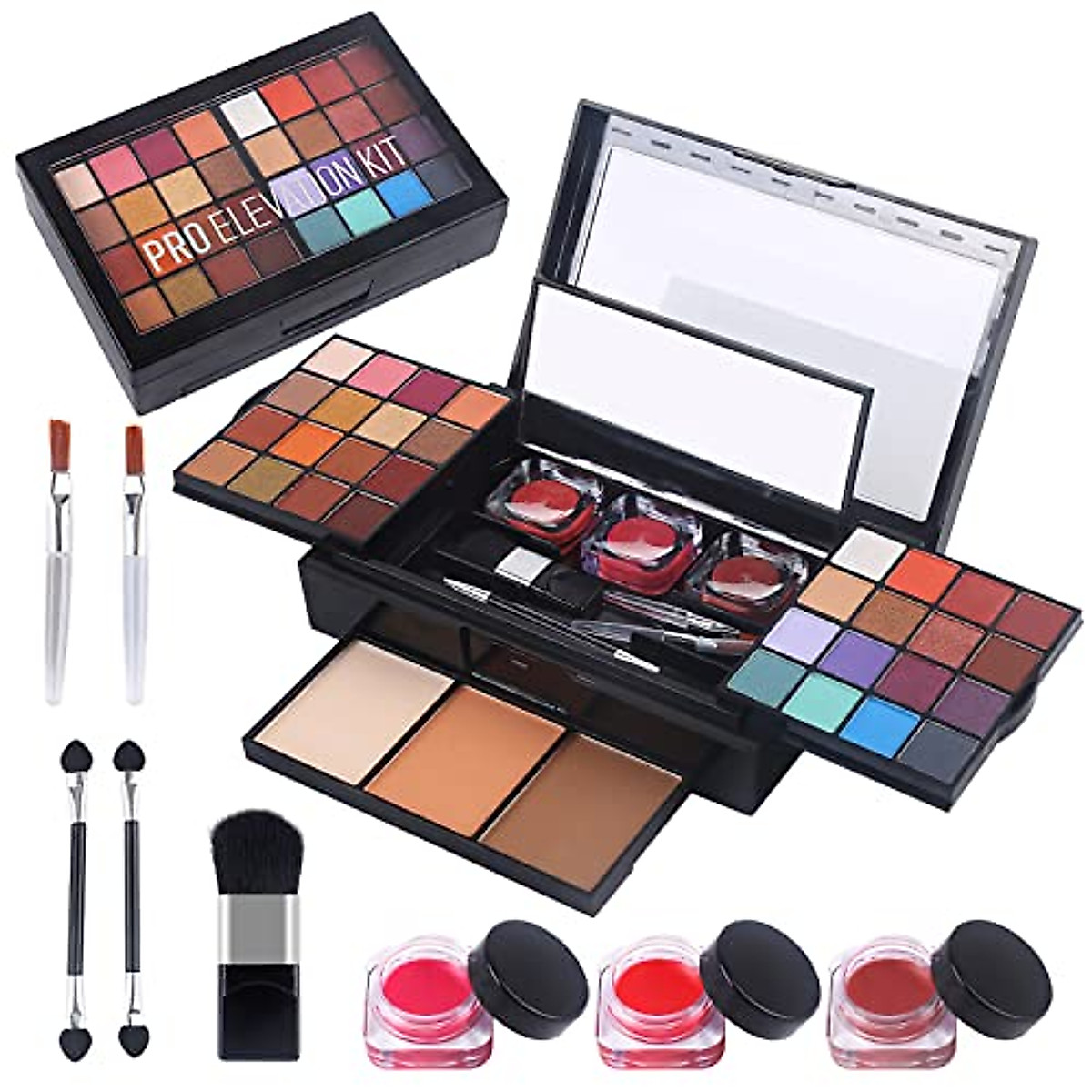 All in One Makeup Set for Women Full Kit, Includes 32 Colors Makeup Kit Eyeshadow Palette, 3 Solid Lip Gloss, 5 Pro Makeup Brushes, 3 Highlighter & Contour, 1 Make Up Mirror, Ideal Makeup Palette Gift Set for Women Girls Teens