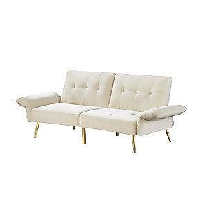 Modern Velvet Futon Sofa Bed,Convertible Folding Sleeper Sofa with 3 Angles Adjustable Back and Armrests,Recliner Couch Bed with Metal Legs for Small Space,Living Room Bedroom Apartment Office,Beige