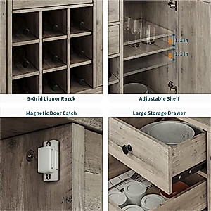 HOSTACK Coffee Bar Cabinet, Modern Farmhouse Buffet Sideboard Cabinet with Storage Drawers and Shelves, Liquor Cabinet with Removable Wine Rack for Kitchen, Dining Room, Living Room, Ash Grey