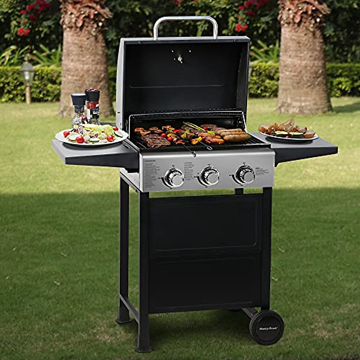 MASTER COOK Classic Liquid Propane Gas Grill, 3 Bunner with Folding Table, Black