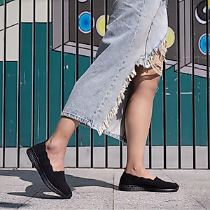 Puxowe Women's Slip on Wide Walking Flat Shoes-Comfortable Low-Top Knit Width Loafer Sneaker All BlackSize 8 US