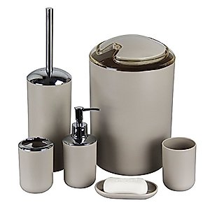 IMAVO Bathroom Accessories Set, 6-Piece Plastic Gift Set, Toothbrush Holder, Toothbrush Cup, soap Dispenser, soap Dish, Toilet Brush Holder, Trash can(Apricot)