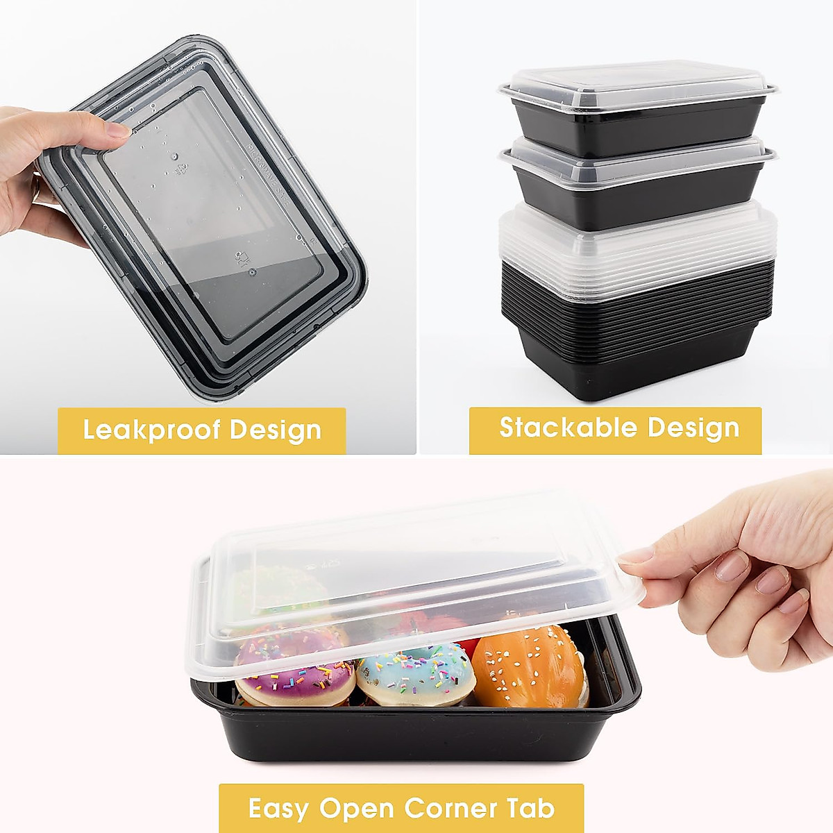 Azure Zone, 38 oz, 50-Pack Rectangular Meal Prep Food Container with Lid - One Compartment - Stackable - Freezer/Microwave/Dishwasher Safe - Reusable Storage - Portable - BPA Free