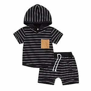 Toddler Baby Boys Summer Outfits Patchwork Print Short Sleeve Hooded Sweatshirt Tops and Drawstring Shorts Playwear (Stripe Black, 2-3 Years)