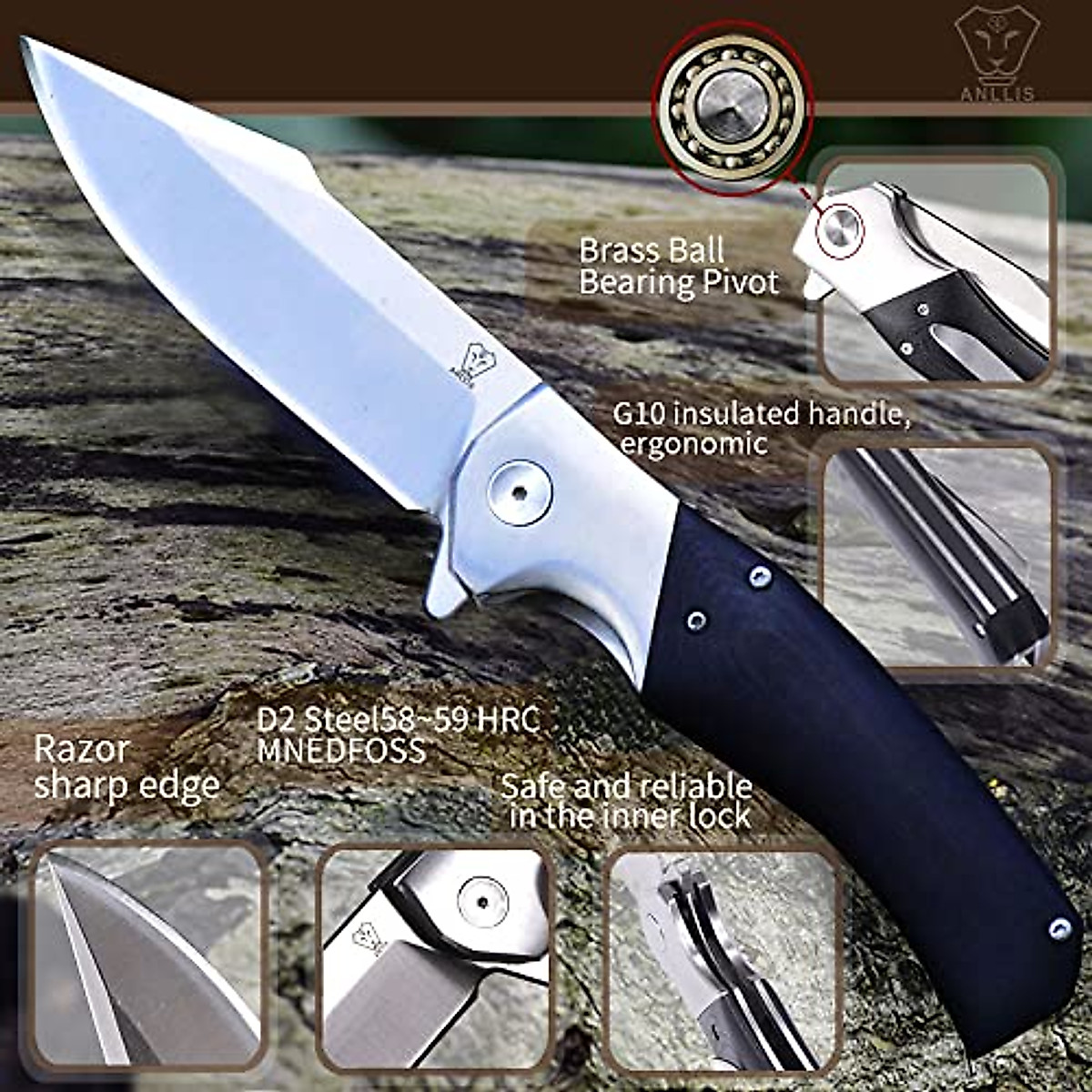 ANLLIS Tactical Knife, D2 Steel High Hardness, Bearing Folding Knife, Men's Military Style, Souvenir Gife, Outdoor Survival Bush Knife, Hunting Camping Knives