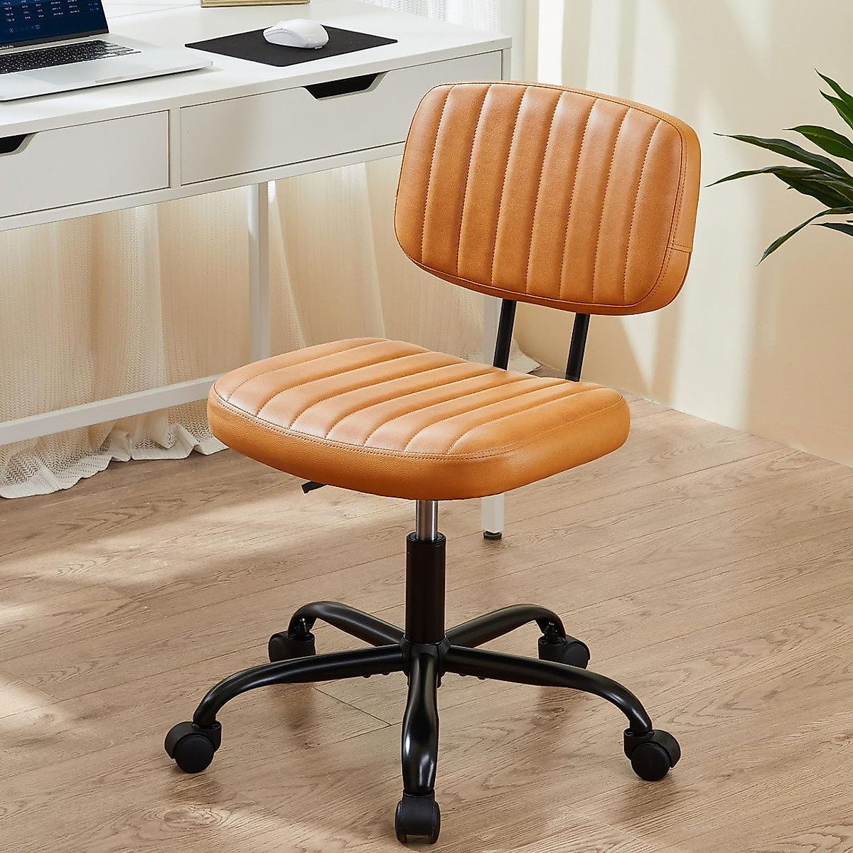 Armless Desk Chair - Small Home Office Chair with Wheels, PU Leather Low Back Task Chair with Lumbar Support, Adjustable Height 360° Rolling Swivel Computer Chair without Arm for Small Space