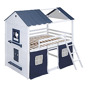 Harper & Bright Designs House Twin Loft Bunk Bed with Tent, Kids Loft Bed with Ladders,Guardrail, Windows and Roof, Wood Twin Over Twin Playhouse Bunk Bed for Kids Teens Boys & Girls (Blue & White)
