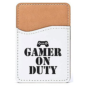 DistinctInk Adhesive Phone Wallet / Card Holder – Universal Vegan Leather Credit Card ID Adhesive Sleeve, Travel Light with Essential Items - Gamer on Duty Video Games
