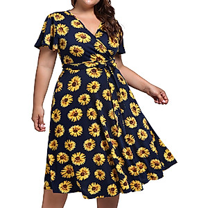 kissmay Plus Size Midi Dress,Floral Casual Dresses with Pockets Spring&Summer Dress for Women 70s Plus Mid-Length Dress for Cocktail Party A Line Swing Dresses with Belted V Neck Blue Yellow 24 PlusL