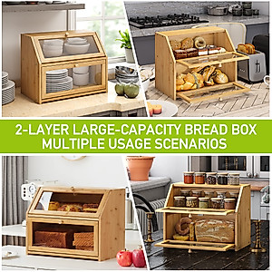 Bread Storage Farmhouse Bread Box For Kitchen Countertop Bread Container With Clear Window Breadbox Double Layer Bamboo Wooden Extra Large Capacity Bin Kitchen Food Storage Container(Trapezoid)Self-Assembly