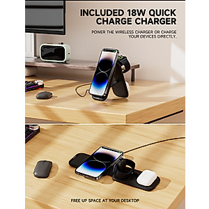 3 in 1 Wireless Charging Station for Apple, VOIDAY Ace Foldable Mag-safe Charger, Magnetic Travel Pad for iPhone 14/13/12 Series,iWatch Series, AirPods Series (Adapter Included)
