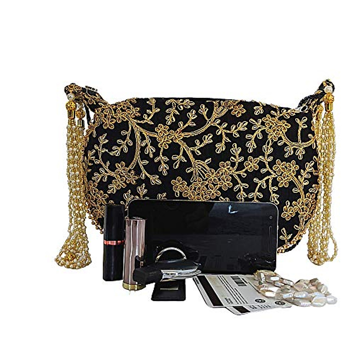 Women's Handmade Silk Drawstring Purse, Indian Potli Bag, Black Crossbody Triangle Purse