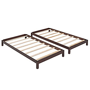 Solid Platform Bed Twin Size Wood Stackable Twin Beds with Wooden Slats Convertible Floorbed Frame Without Headboard for Kids Girls Boys Teens, No Box Spring Needed – Two Beds Set, Walnut