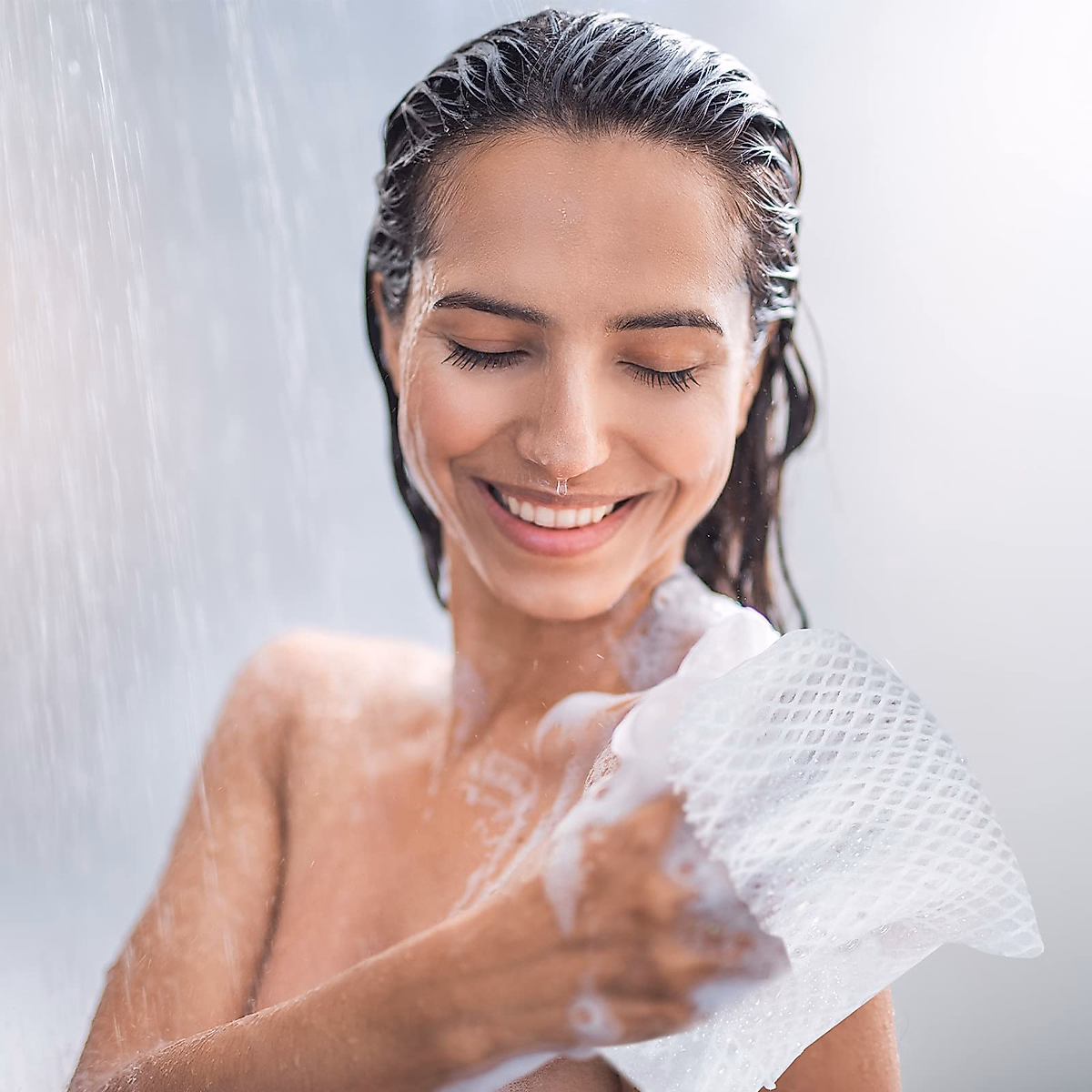 4 Pieces African Net Bath Net Sponge Body Exfoliating Polyester Cleaning Shower Body Scrubber Back Scrubber Exfoliating Wash Bath Cloth for Daily Use (Black, Blue, White, Gray,7.8 x 27.6 Inch)